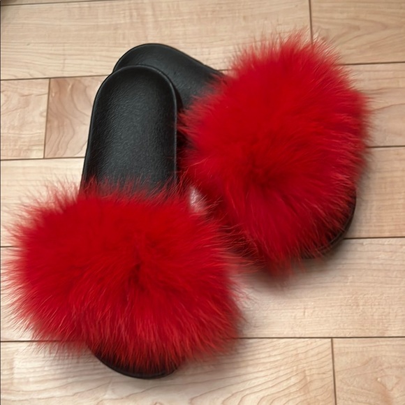 Shoes | Red Fox Fur Fluffy Slide Sandals | Poshmark